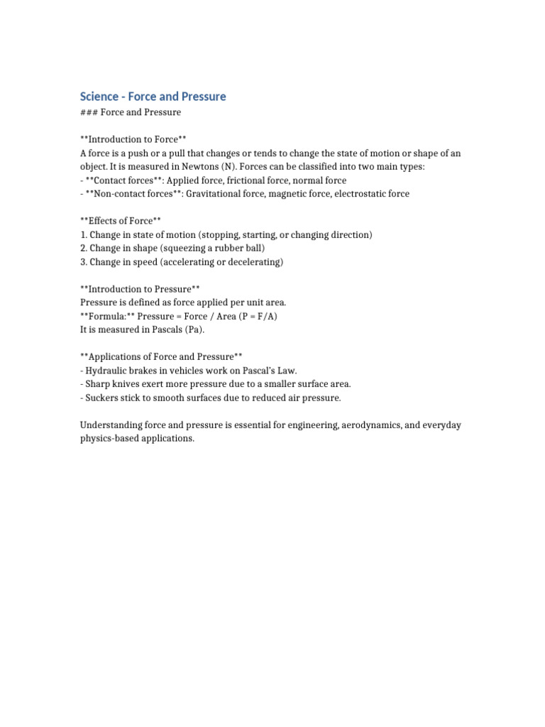 Force and Pressure Overview for Class 8 | PDF