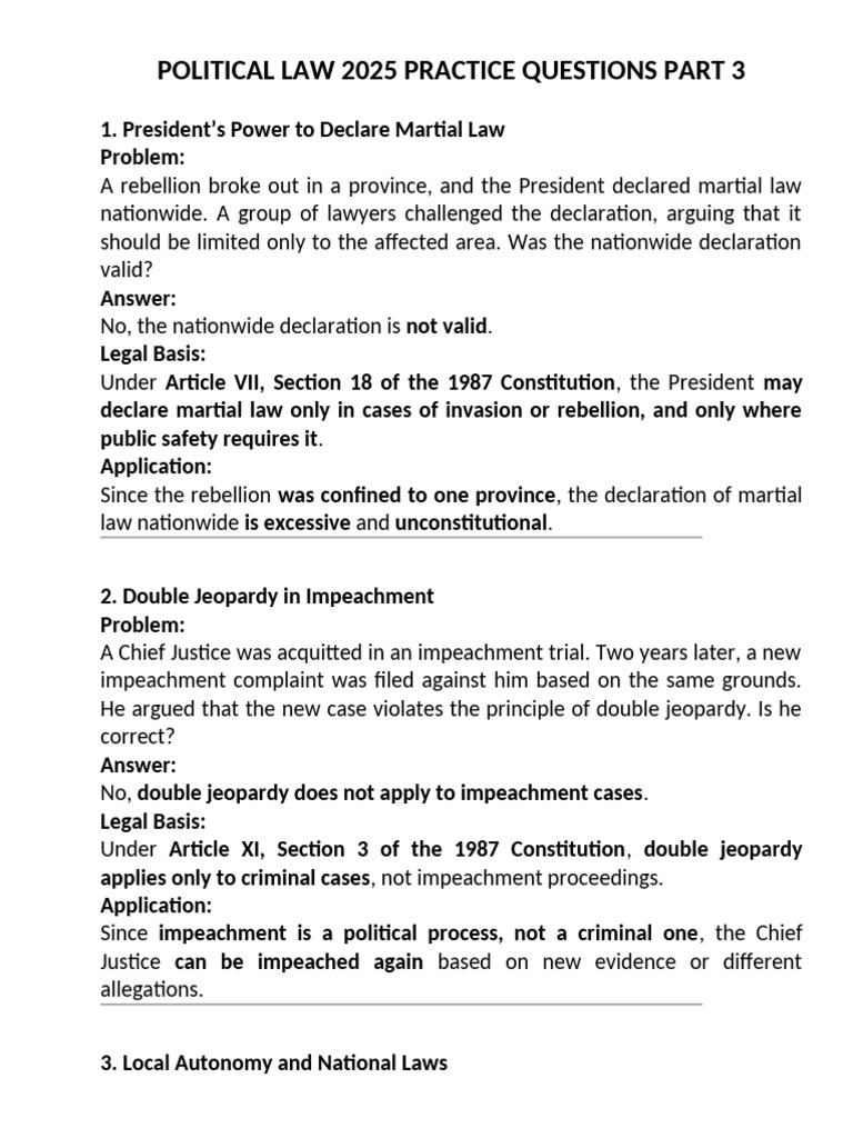 Political Law Practice Questions 2025 | PDF | Impeachment | Double Jeopardy