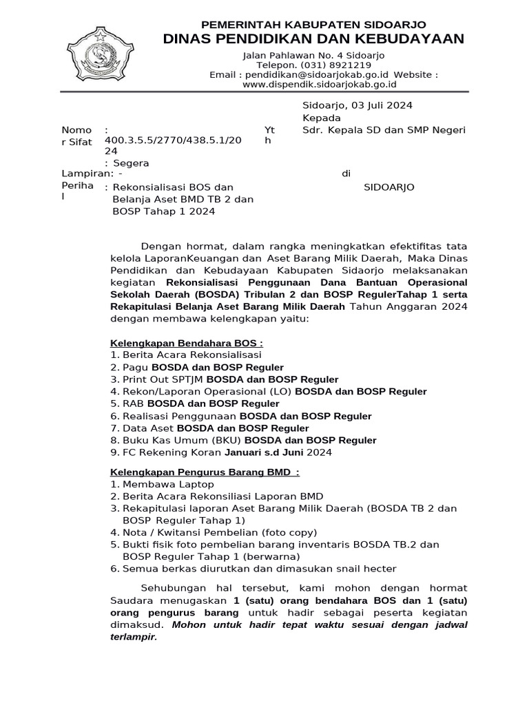 Undangan Rekonsialisasi BOSDA Dan Belanja Aset BMD TB 2 & Tahap 1 2024 Lampirannya | PDF