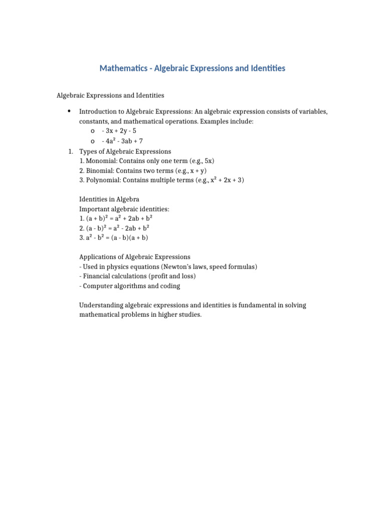 Mathematics - Algebraic Expressions and Identities | PDF
