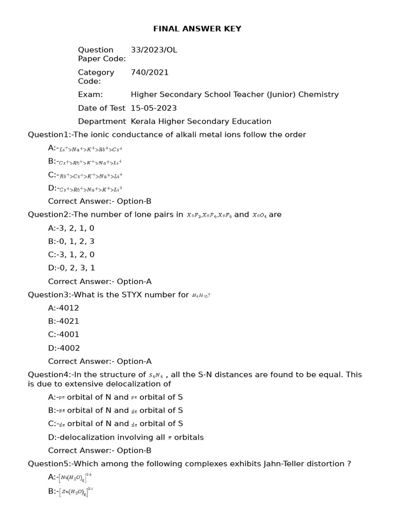 Final Answer Key HSST Chemistry | PDF | Ferroelectricity | Atomic Nucleus