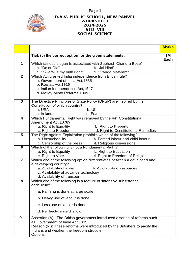 VIII- MCQ WORKSHEET (2024-25) | PDF | Indian Rebellion Of 1857 | Government