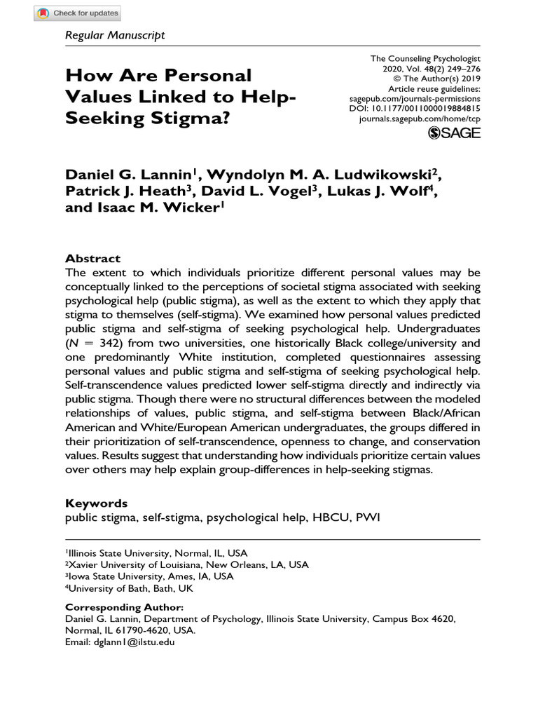 Personal Values and Help-Seeking Stigma | PDF | Social Stigma ...