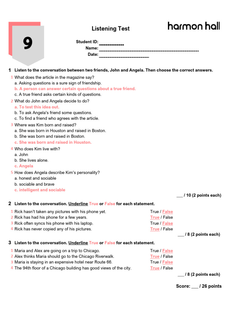 Course 9 Listening Test Answer Key | PDF