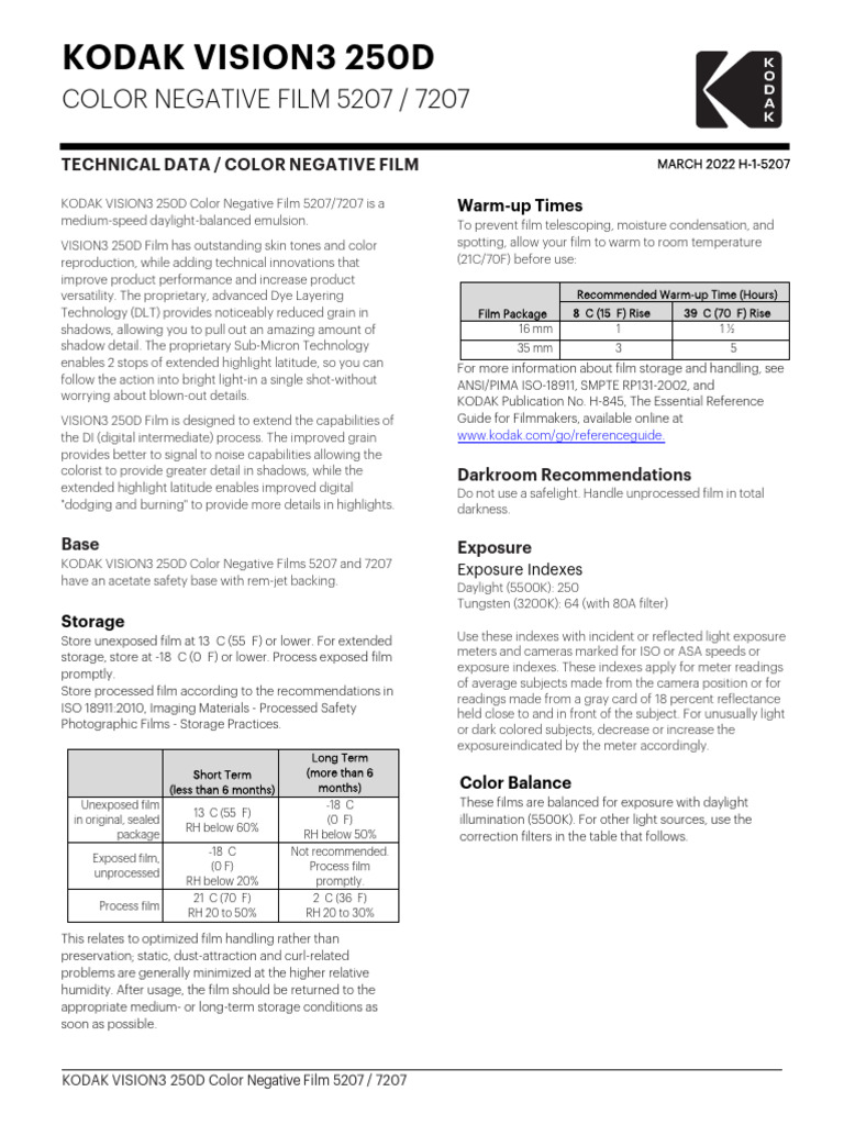 KODAK VISION3 250D 5207 7207 Technical Information | PDF | Exposure ...