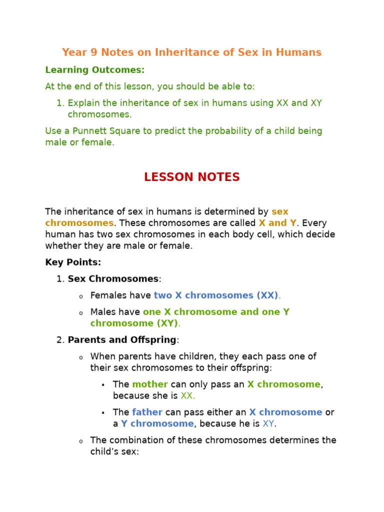 Year 9 Notes On Inheritance of Sex in Humans GC | PDF | Sex | Sexual ...