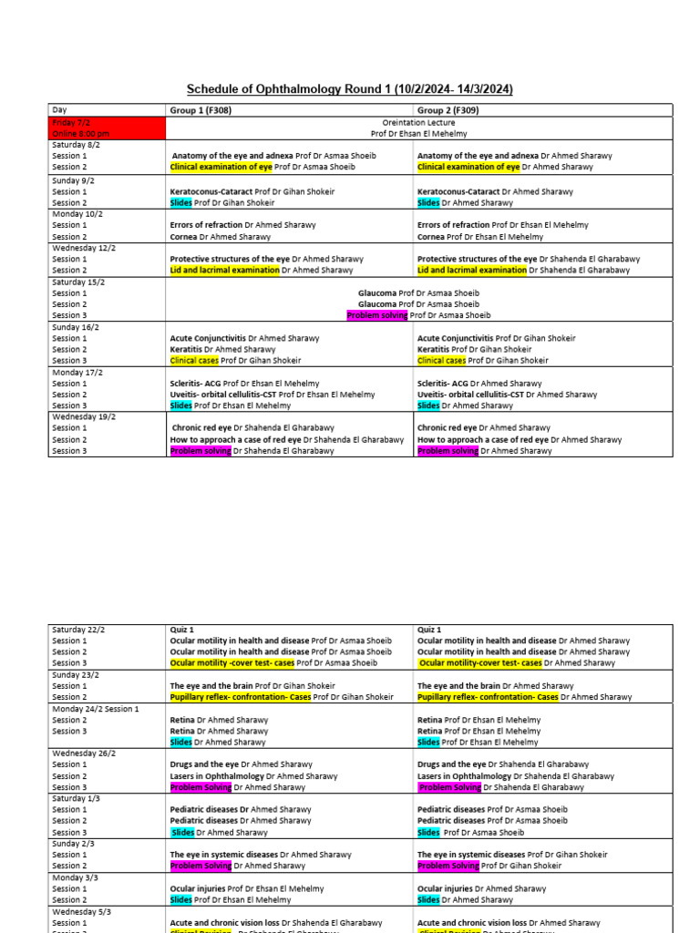 Ophthalmology Round 1 Schedule | PDF | Sensory Organs | Vision