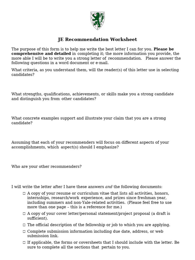 JE Recommendation Worksheet 2_ docx(1) | PDF