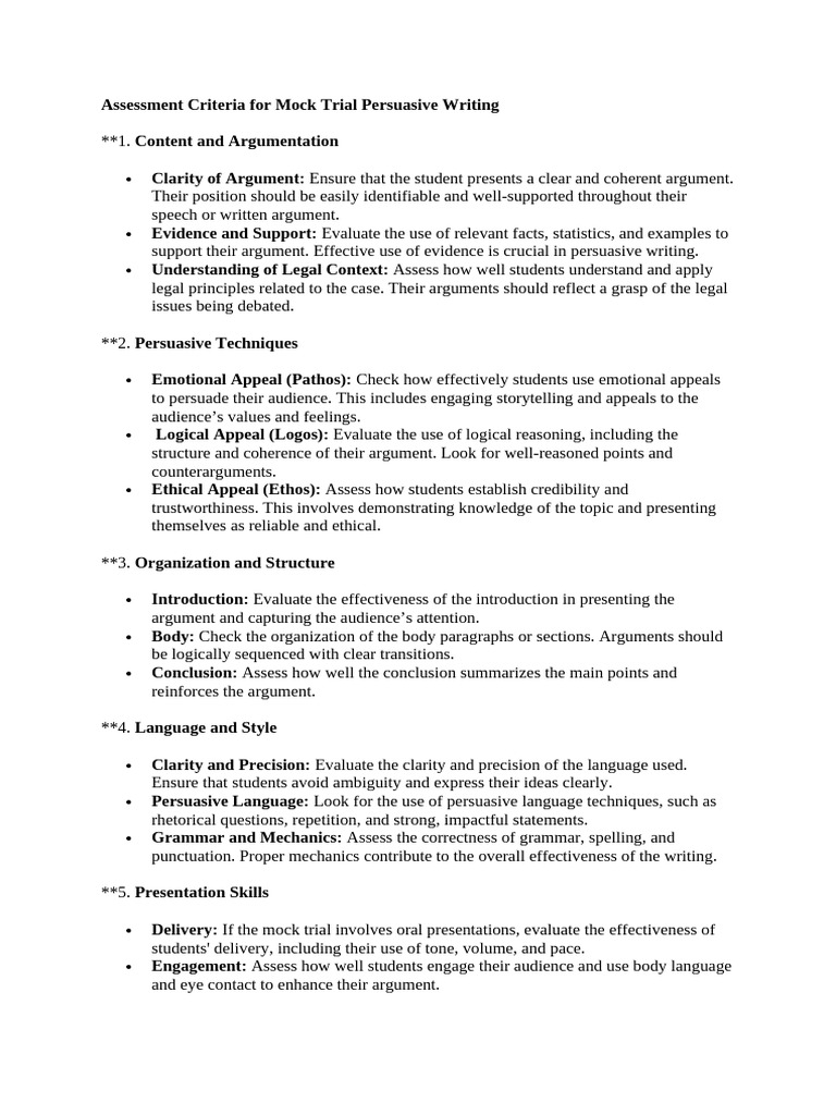 Assessment Criteria for Mock Trial Persuasive Writing | PDF ...