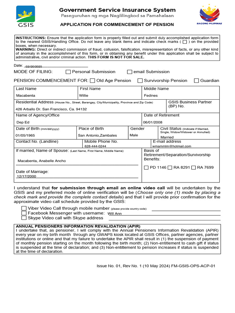 GSIS Pension Commencement Application Form | PDF