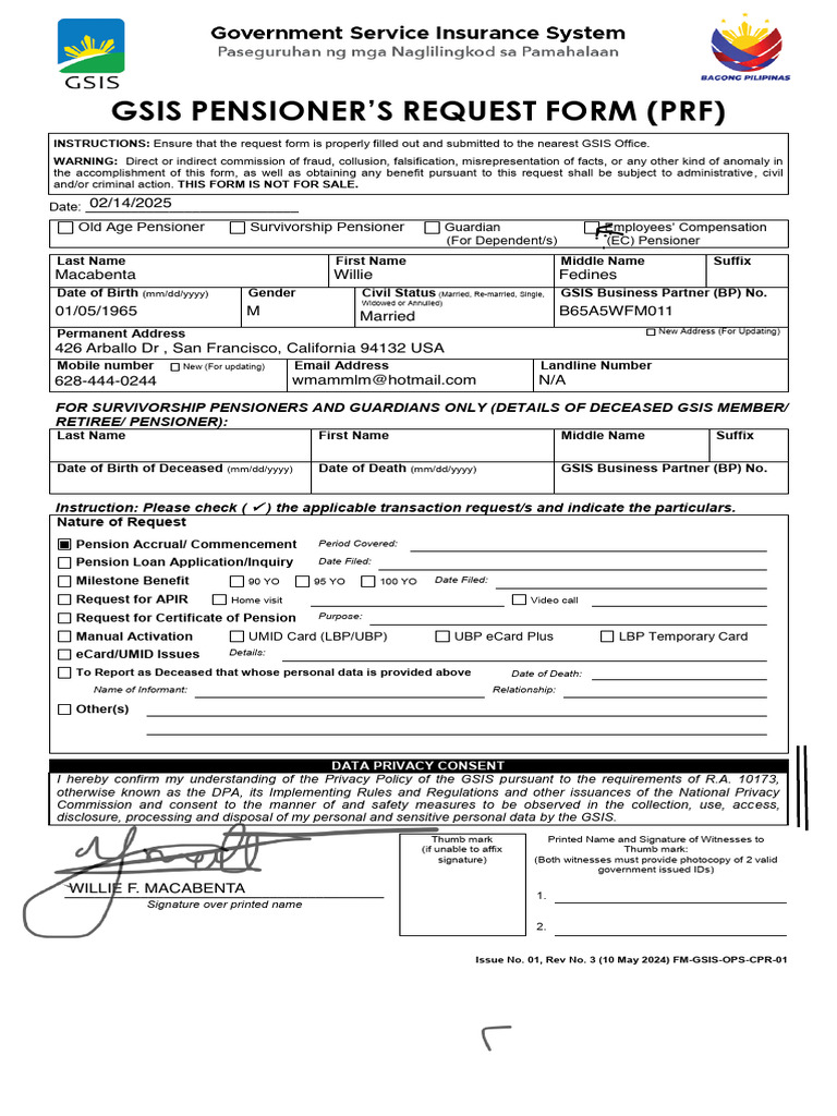 FM-GSIS-OPS-CPR-01 Pensioner's Request Form Rev3 10may2024 | PDF