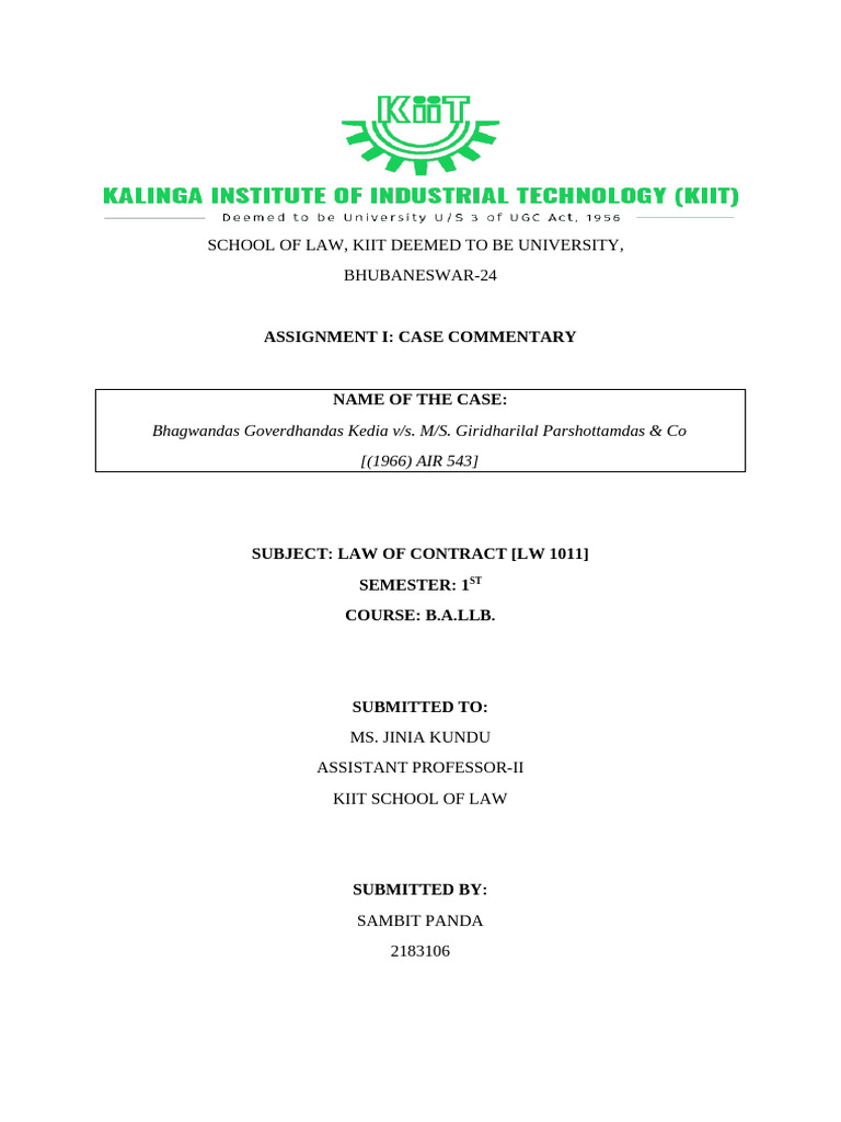 Contract Law (LW 1011) Assignment 1 | PDF | Lawsuit | Offer And Acceptance