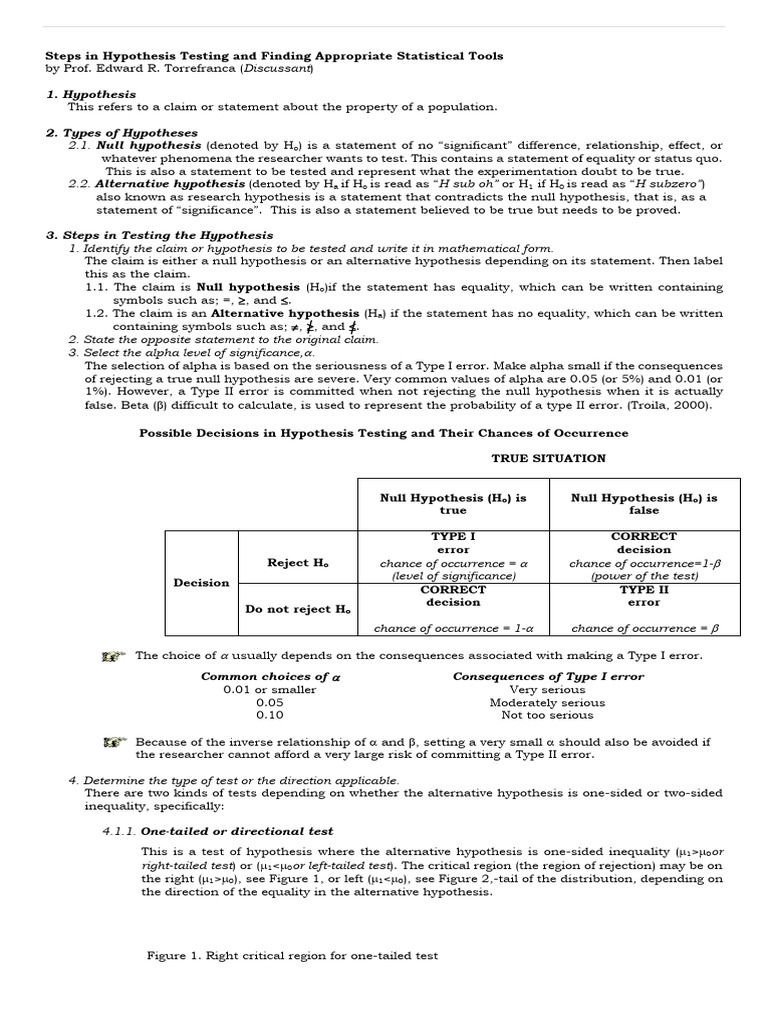 Steps in Hypothesis Testing & Appropriate Statistics Tools-ERT | PDF ...