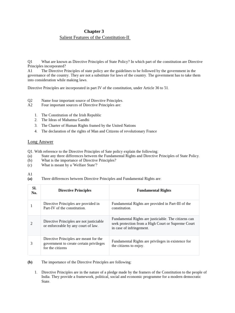 Class 9 Civics CH - 3 Salient Features of The Constitution-II QA | PDF | Governance | Statutory Law