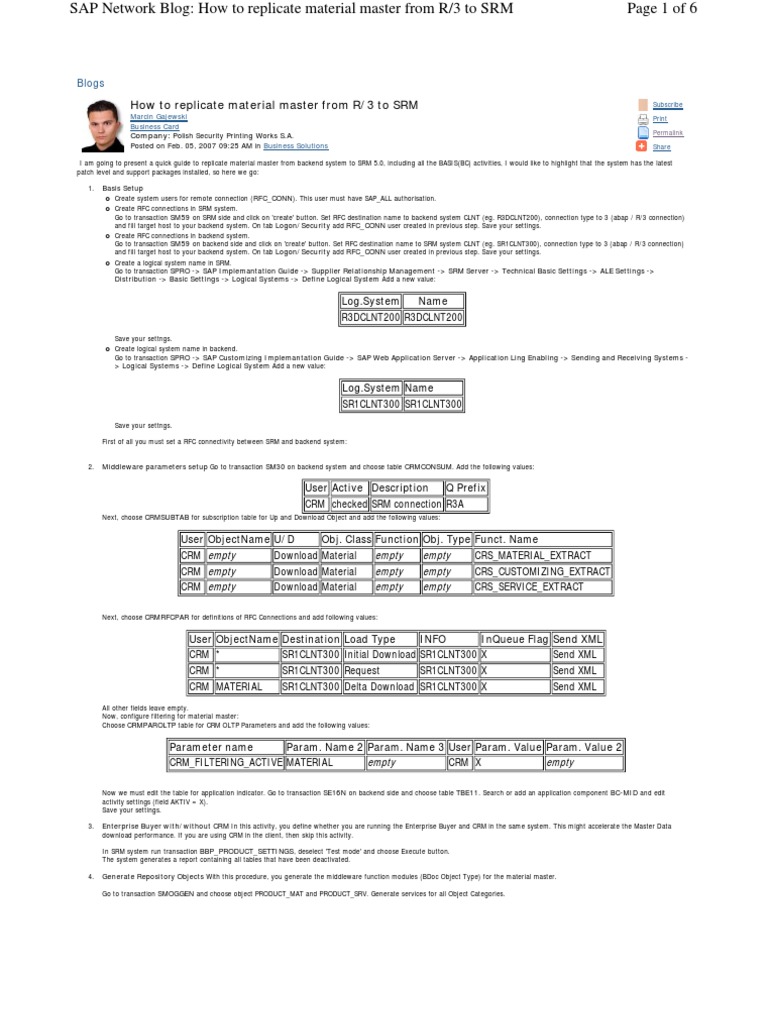 SAP SRM 5.0 Material Master Replication Guide | PDF | Customer ...