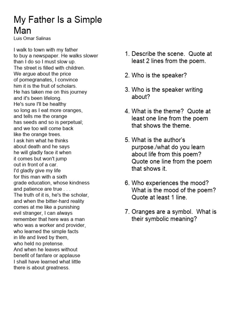 My Father Is A Simple Man Questions | PDF
