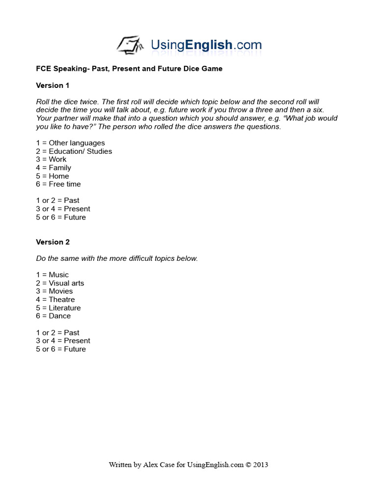 FCE Speaking Dice Game | PDF