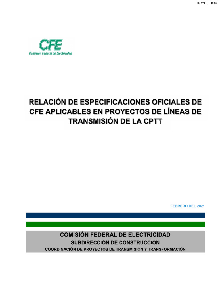 Relacion de Especificaciones Oficiales de CFE Aplicables en Proyectos de LTs CPTT | PDF