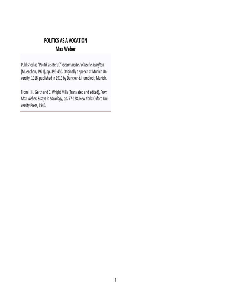Weber Politics As A Vocation - Part1 | PDF
