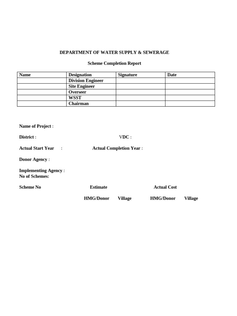 Project Completion Report-Format For RWSS Projects | PDF | Water ...