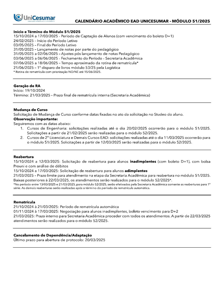 Calendario Academico Ead Unicesumar Graduacao 51.2025 | PDF
