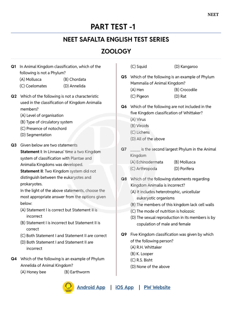 Part Test 1 - Zoology - Test Paper - NEET Safalta English Test Series ...