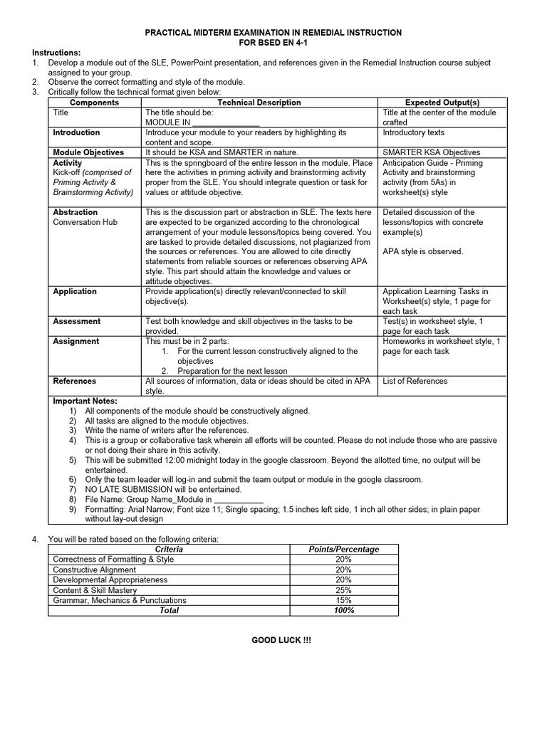 Practical Midterm Examination in Remedial Instruction | PDF | Learning ...
