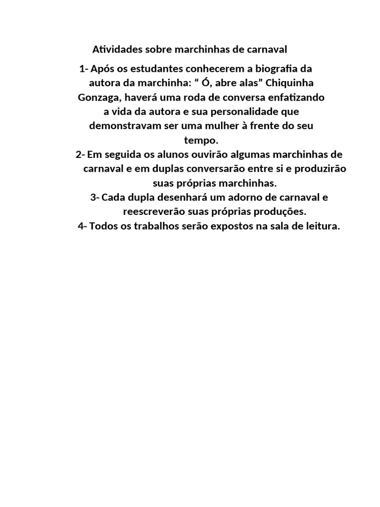 Atividades Educativas sobre Marchinhas de Carnaval | PDF
