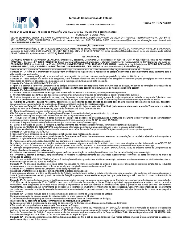 Super Estagios - Termo de Compromisso Nº 72733997 - CAROLINE MARTINS CARVALHO DE AGUIAR | PDF ...