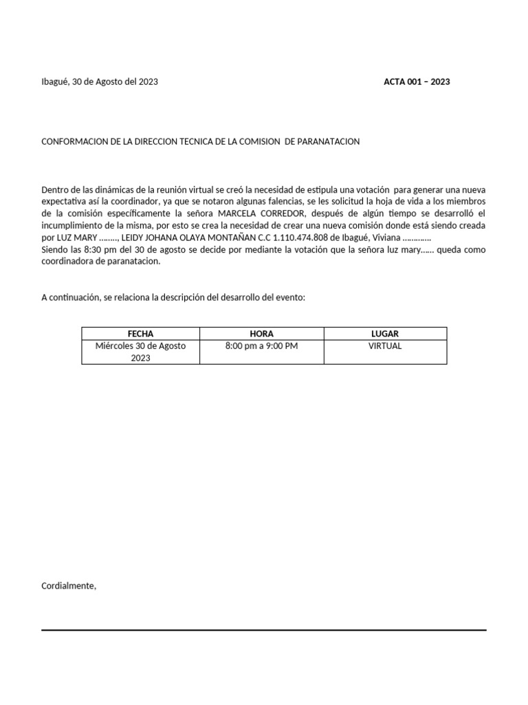 Acta 01 Paranatacion | PDF