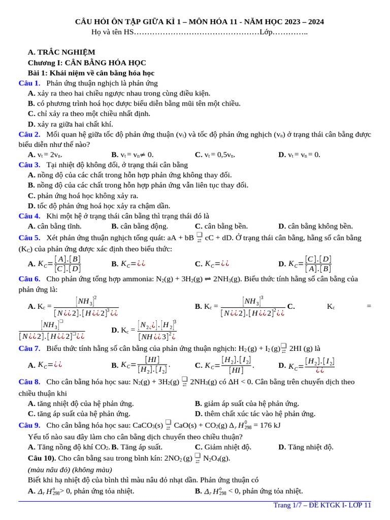 ĐỀ CƯƠNG GK1 11 HS | PDF