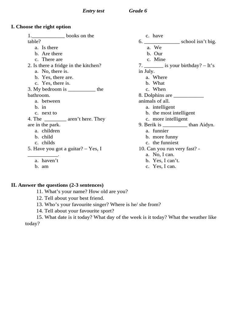 Entry Test Grade 6 2022 | PDF