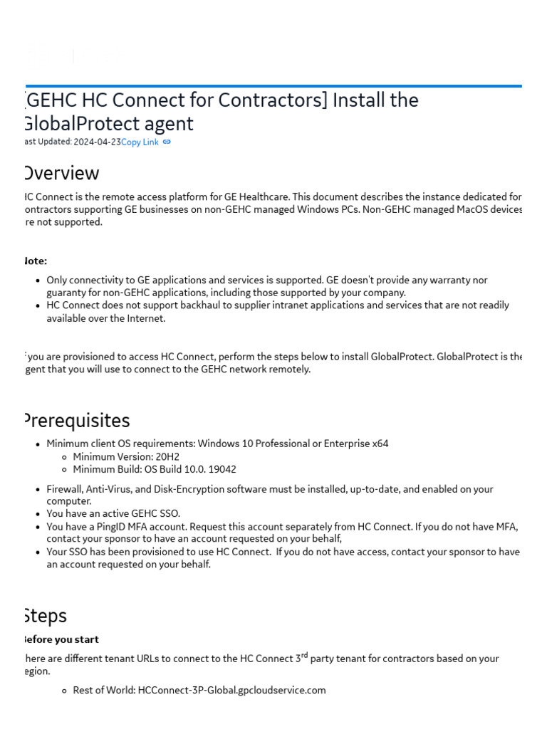 (GEHC HC Connect For Contractors) Install The GlobalProtect Agent | PDF ...
