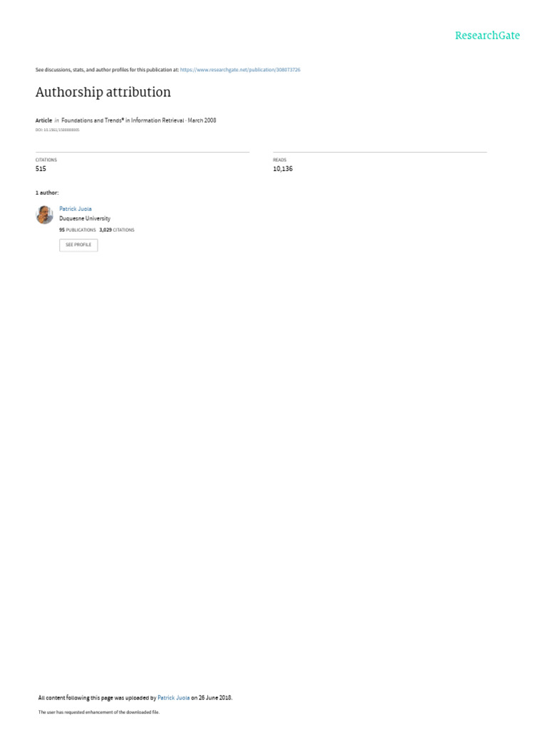 Authorship AttributionPatrick Juola | PDF | Word | Linguistics