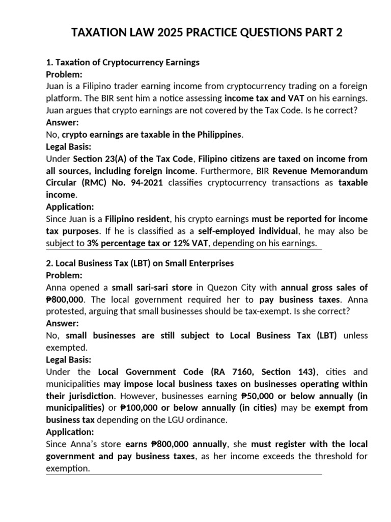 Taxation Law Practice Questions 2025 | PDF | Taxes | Capital Gains Tax