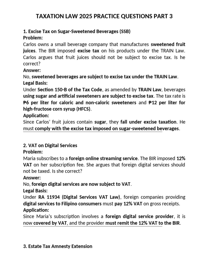 Taxation Law 2025 Practice Questions | PDF | Taxes | Value Added Tax