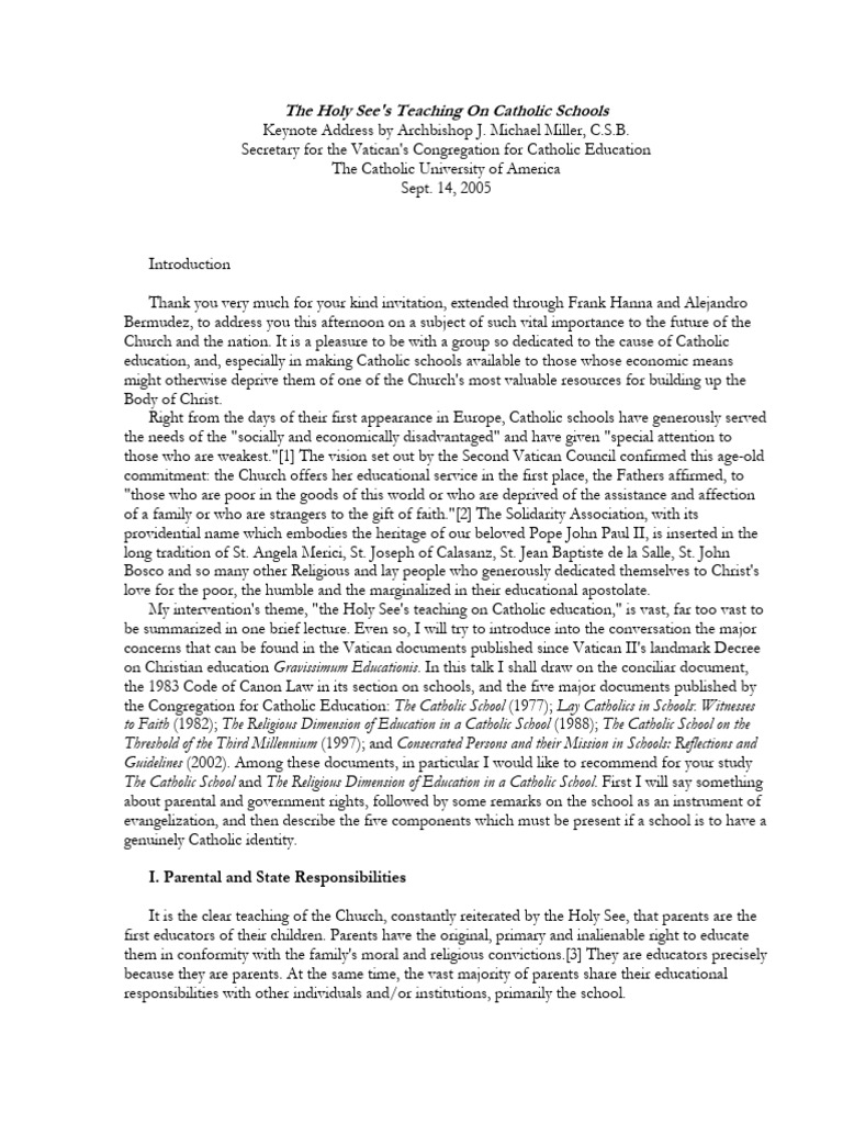 Holy See's Teachings on Catholic Schools | PDF | Catholic Church | Faith
