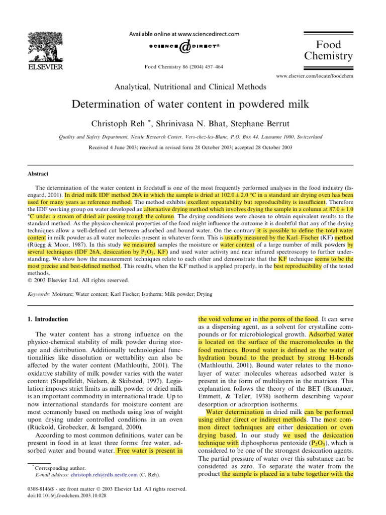 Water Content Analysis in Milk Powder | PDF | Adsorption | Physical ...