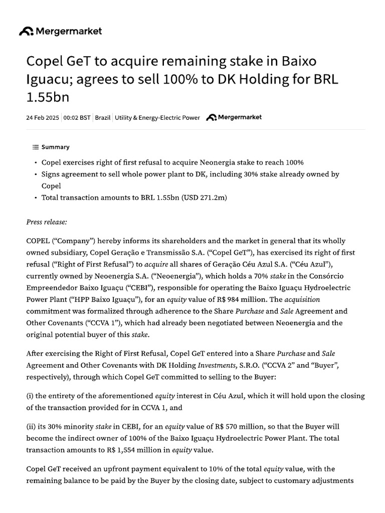 Copel GeT To Acquire Remaining Stake In... RL 1 | PDF