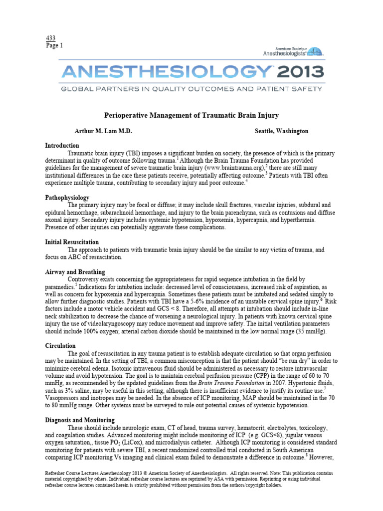 Perioperative Management of TBI Lam | PDF | Traumatic Brain Injury ...