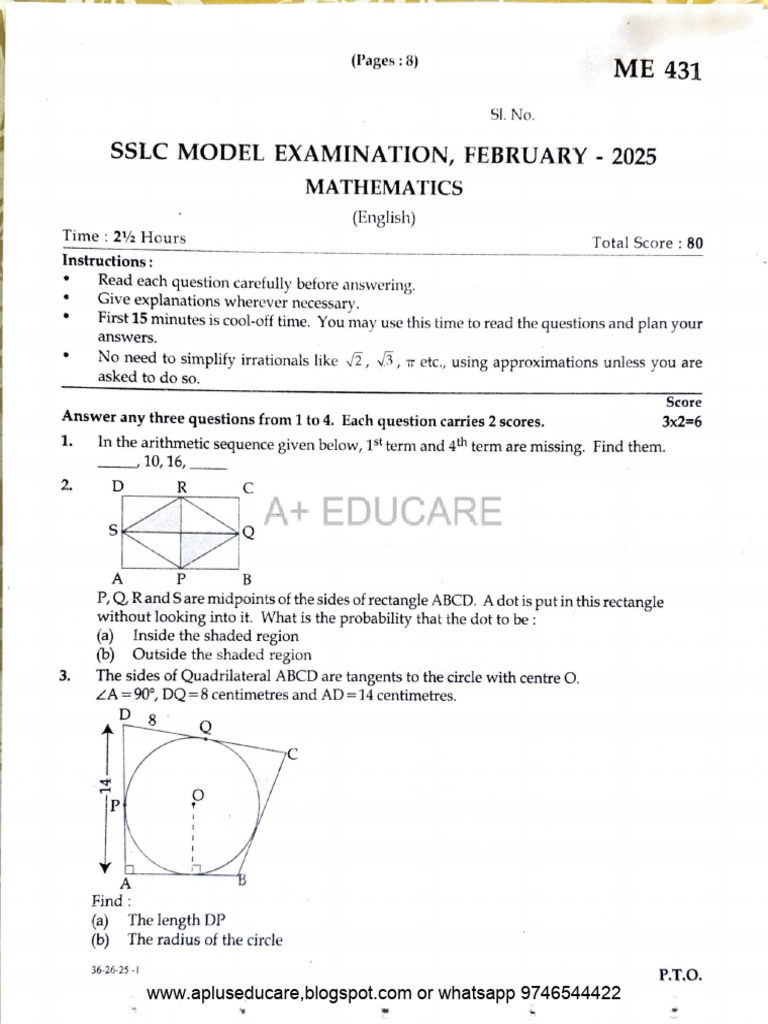 SSLC 2025 Maths Model Question Paper | PDF | Circle | Geometric Shapes