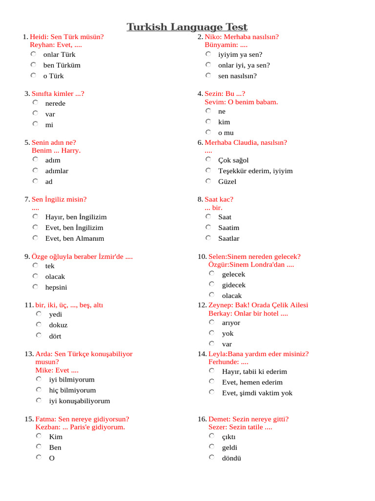 Turkish Language Test -60 Вопросов | PDF
