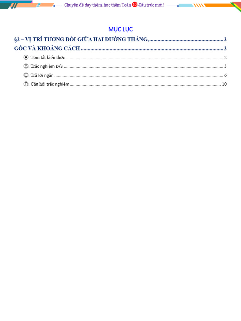 c7 - b2 - Vi Tri Tuong Doi Giua Hai Duong Thang. Goc Va Khoang Cach - Alg | PDF