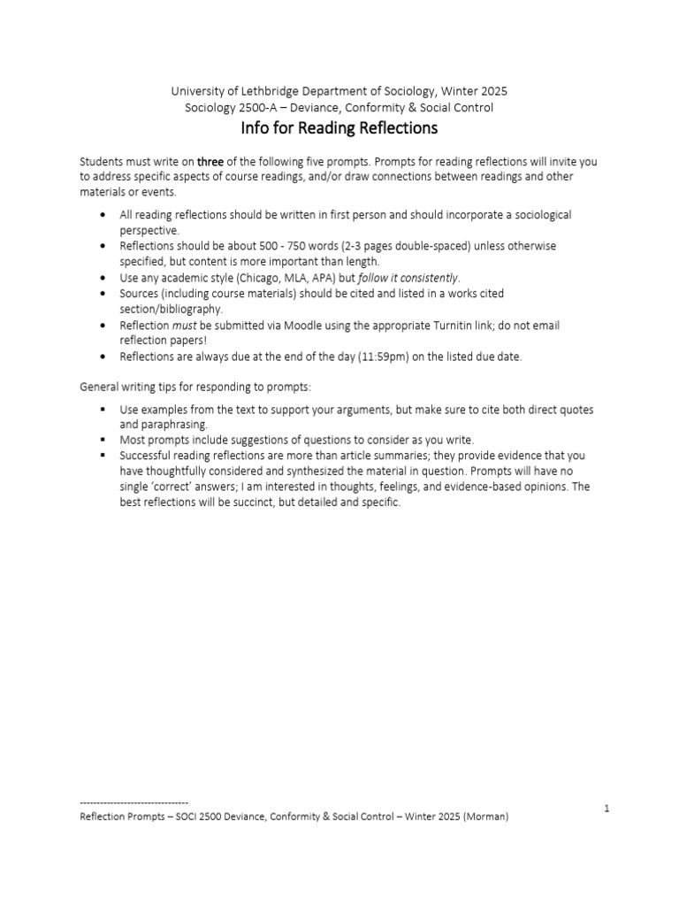 SOCI 2500 Reflection Prompts Guide | PDF | Deviance (Sociology ...