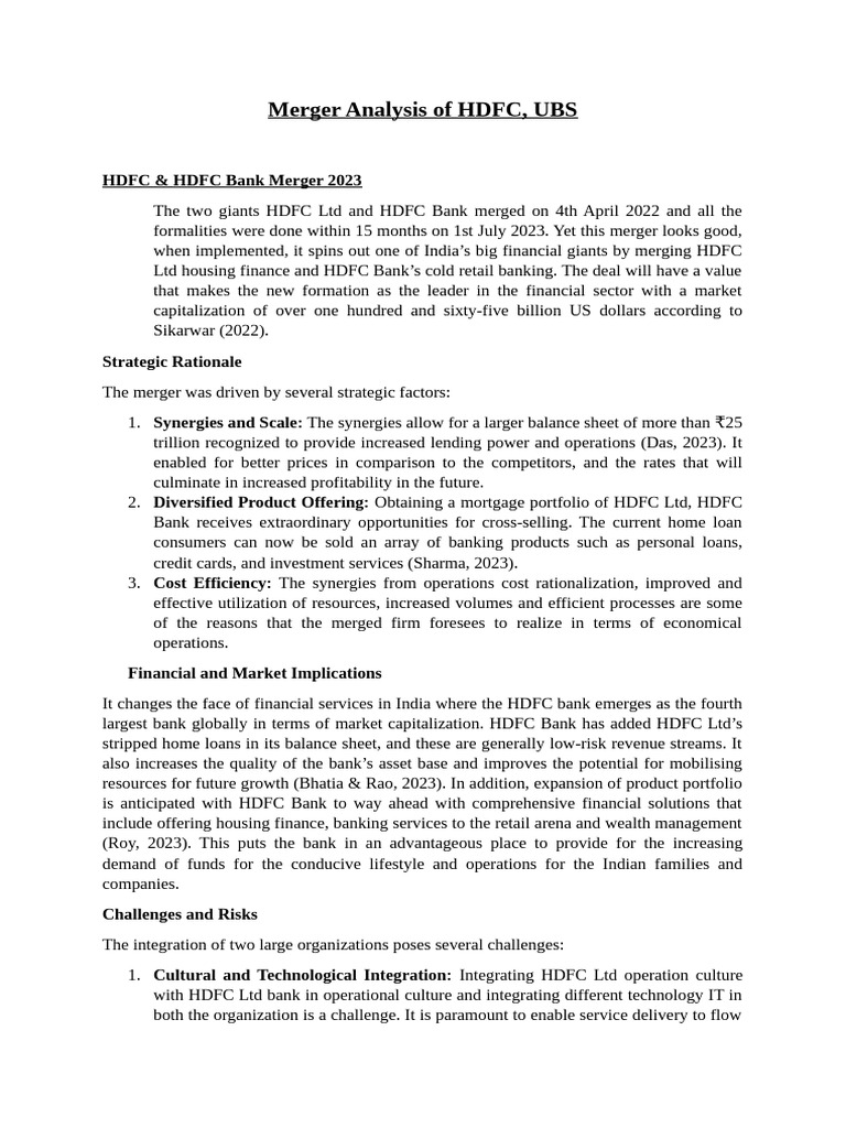 Merger Analysis of HDFC & UBS | PDF | Ubs | Mergers And Acquisitions