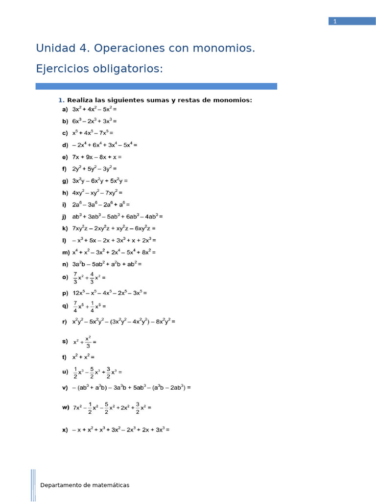 Ejercicios Obligatorios. Operaciones Con Monomios | PDF