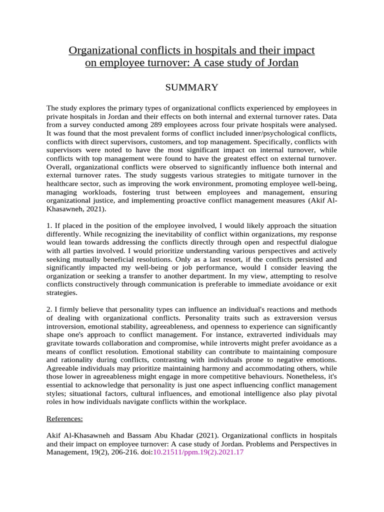Organizational Conflicts in Hospitals and Their Impact | PDF | Turnover ...