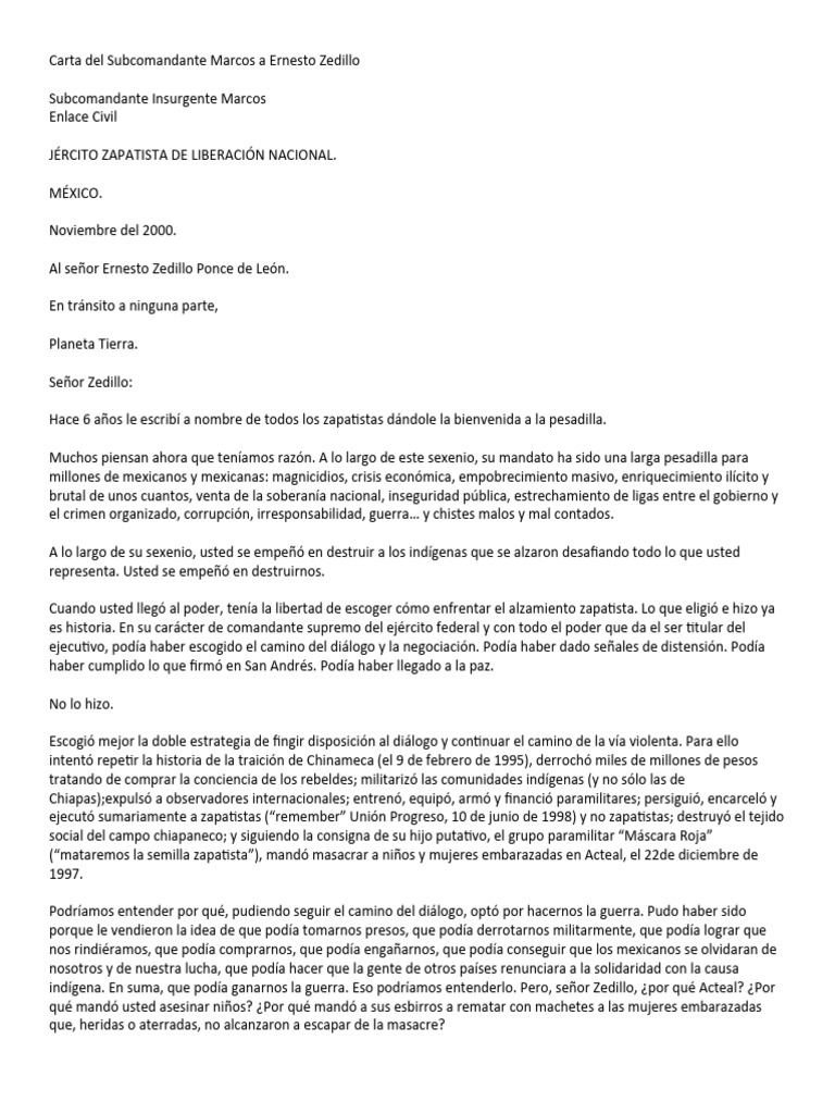 Carta Del Subcomandante Marcos A Ernesto Zedillo | PDF | Ejército ...