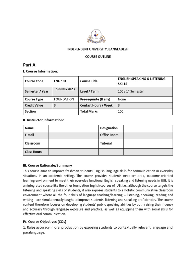 ENG 101 Course Outline | PDF | English Language | Learning