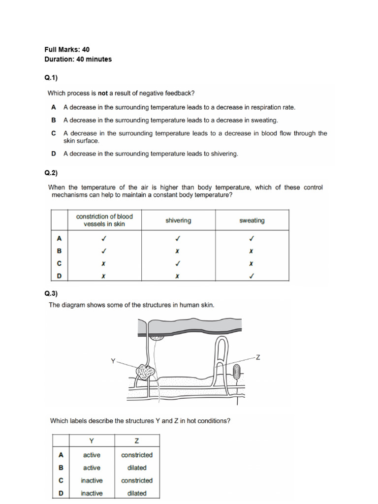 Homeostasis & Coordination Test | PDF